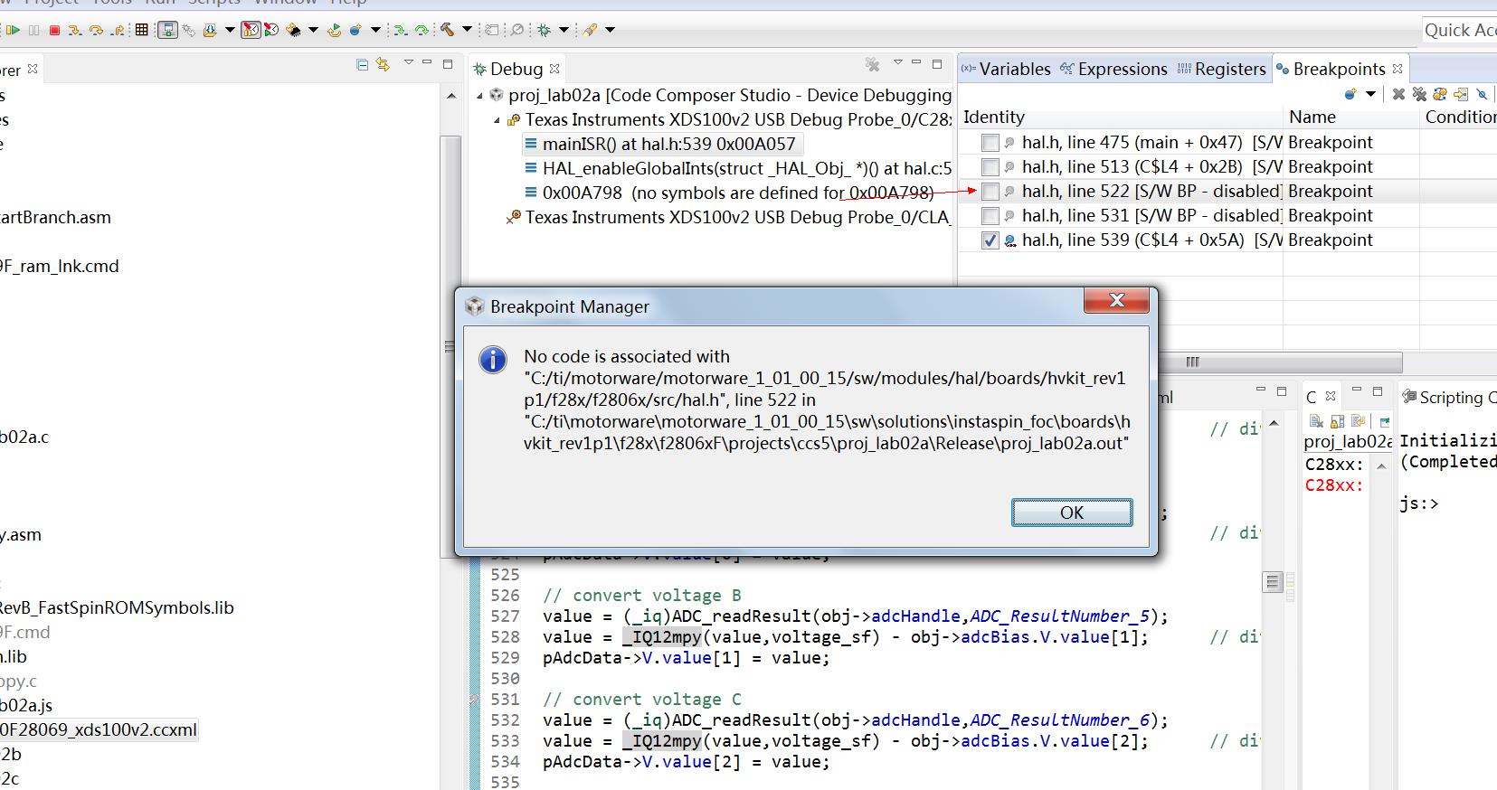 Ccs V6 仿真调试不能设置断点,在某一条程序上设置的是个灰色的小点,而且会弹出这样的对话框,应该怎么解决这个问题?如下图。 C2000™︎ 微控制器论坛 C2000 微控制器
