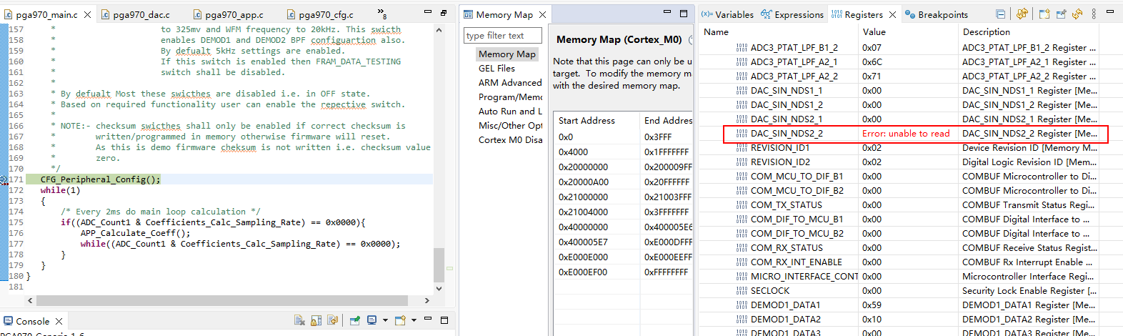 PGA970: 用CCS调试的时候，'step into' 会乱跳, DAC_SIN_NDS2_2寄存器总是不能被读取, 并且DEMONx ...