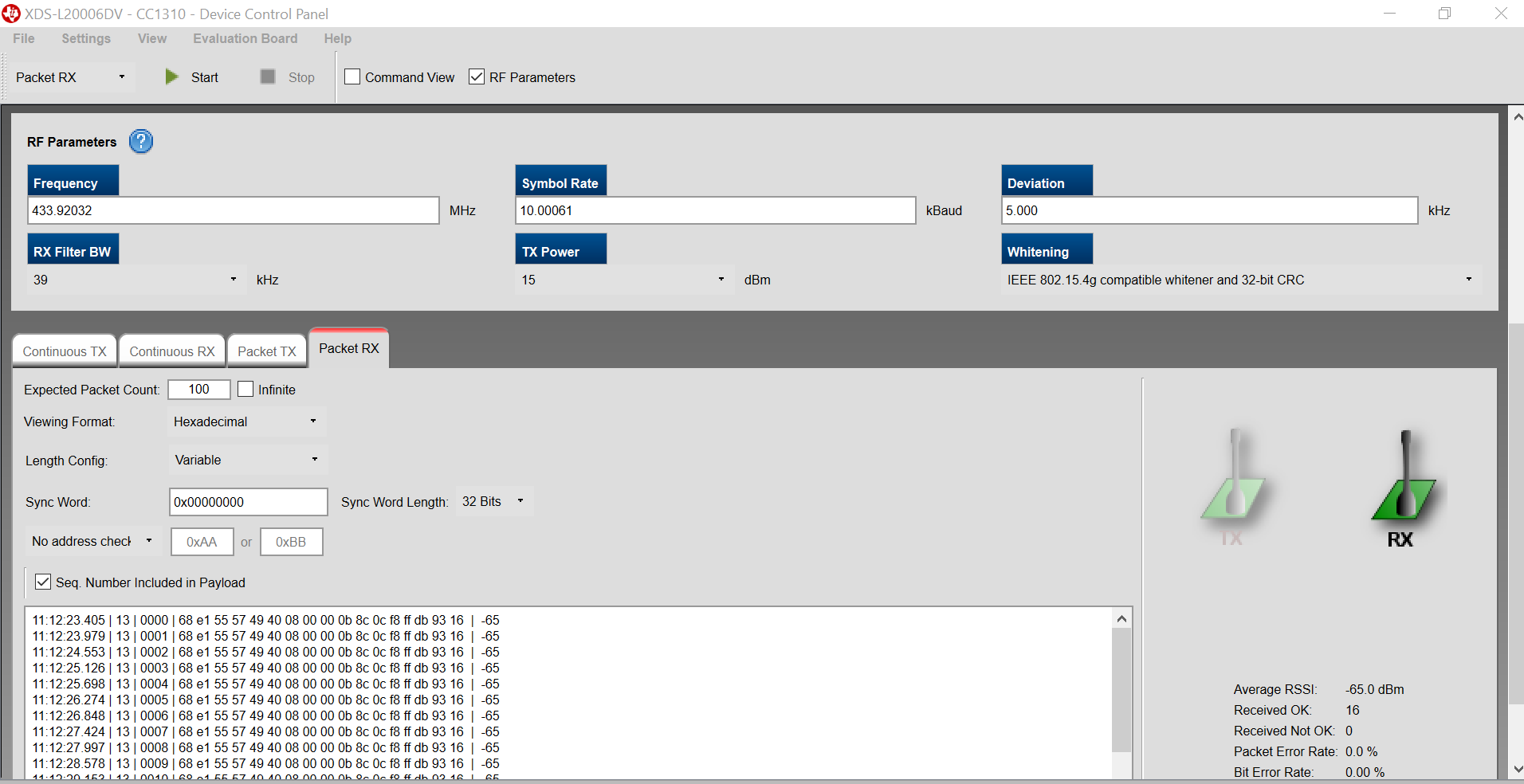 CC1310 SmartRF Studio 7 使用模式 Settings for 431-527MHZ 625bps legacy long ...