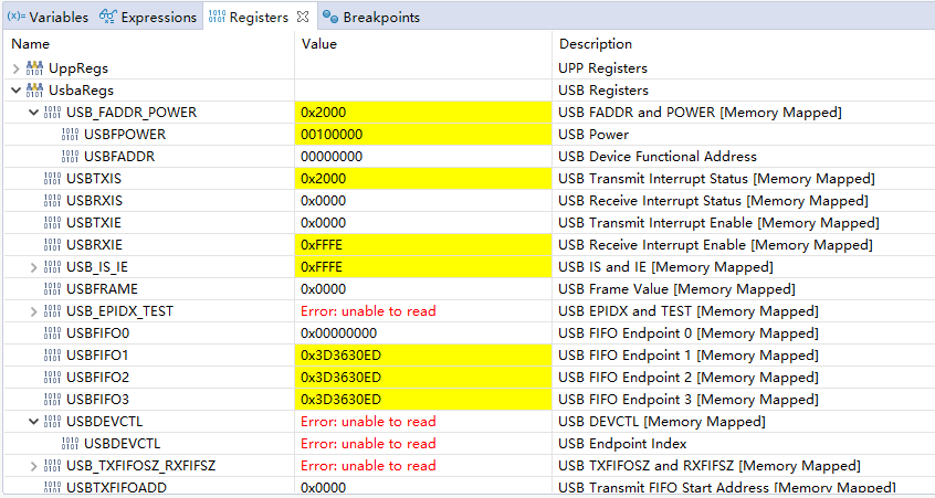 TMS320F28379D: The USB Register Registers window is not readable ...