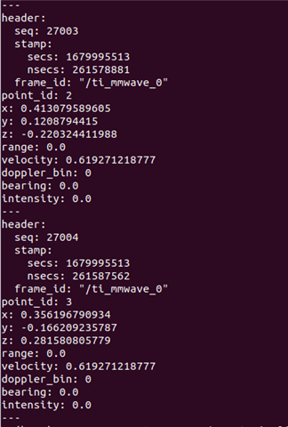 IWR6843ISK-ODS: ROS系统运行rostopic echo /ti_mmwave_radar_scan时部分数据缺失 - 传感器 ...