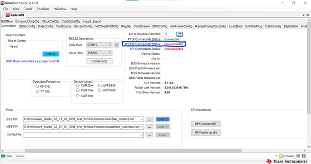 AWR6843AOPEVM: mmWave Studio软件的RS232 Connectivity不能连接成功 - 传感器论坛 - 传感器 ...