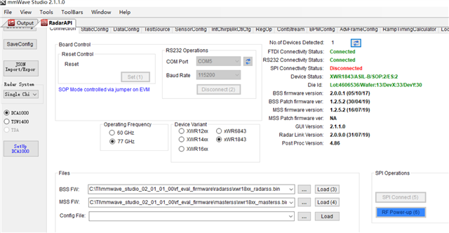 AWR1843BOOST: 和DCA1000EVM一块使用，在mmwave studio中SPI connectivity 一直连接不成功 ...