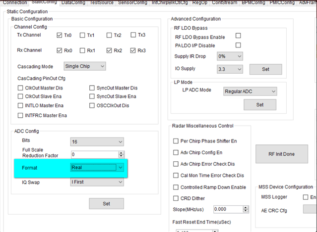 AWR2944EVM: 使用mmWave Studio 03.01.01.00 利用DCA1000采集的AD数据只有real数据imag数据全 ...