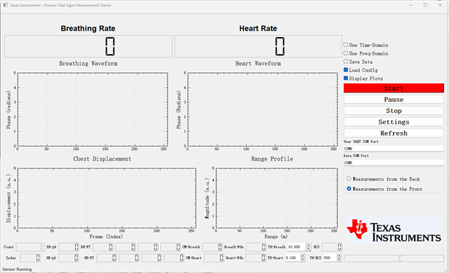 AWR1642BOOST: mmWave LAB Driver Vital Signs 实验r 中，显示呼吸和心跳的软件 VitalSignsRadar_Demo.exe 界面没有任何反应 ...