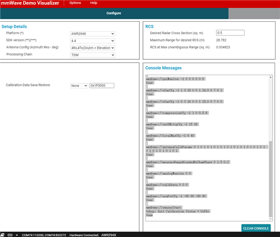 AWR2944EVM: 运行awr2944_mmw_nonos_demo_TDM， mmwave Demo visualizer发送chirp ...