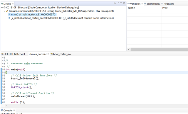 CC1310: 烧录出现 这种情况 c int000 at boot_cortex_m.c:98 Ox00000018 (c int00 does not contain frame ...