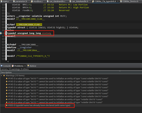 TMS320F28069: Type #303-D typedef name has already been declared (with same type) F2806x_Cla ...