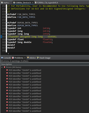 TMS320F28069: Type #303-D typedef name has already been declared (with same type) F2806x_Cla ...