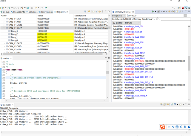 TMS320F280049C: CAN通讯数据已进入寄存器但无法读取或者发送 - C2000™︎ 微控制器论坛 - C2000 微控制器 - E2E™ 设计支持