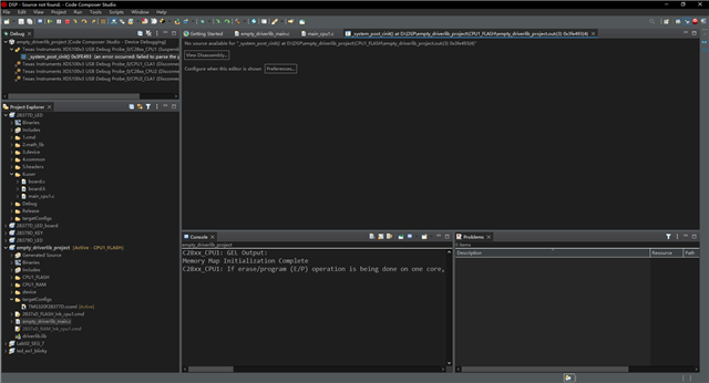 TMS320F28377D: 代码在RAM中没有问题，但是烧写至FLASH出现这个报错：No source available for "_system_post_cinit() at D ...